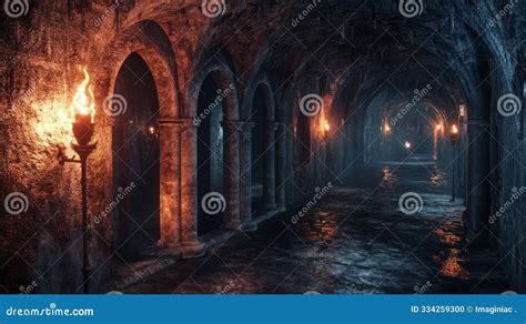Torch Lit Arched Hallway In A Dark Mysterious Cave Stock Illustration