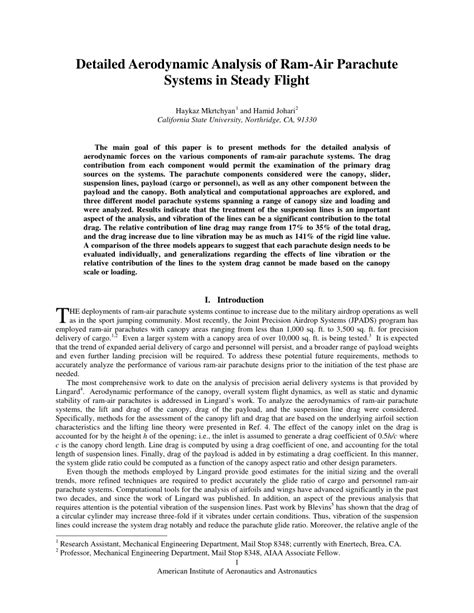 Pdf Detailed Aerodynamic Analysis Of Ram Air Parachute Systems In Steady Flight
