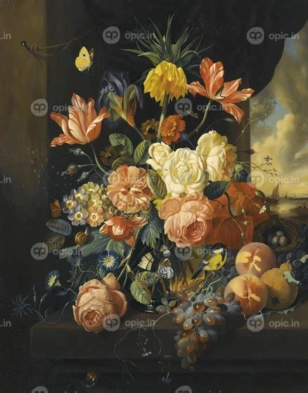 خرید و قیمت نقاشی کلاسیک طبیعت بی جان با لاله، گل رز و میوه ترب