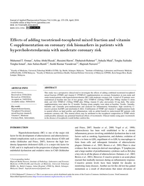 Pdf Effects Of Adding Tocotrienol Tocopherol Mixed Fraction And Vitamin C Supplementation On