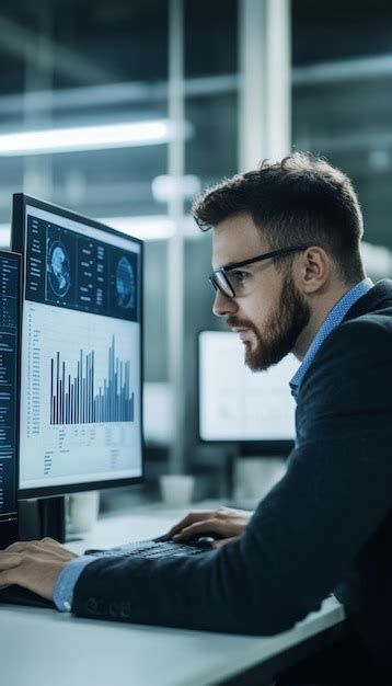 Financial Analyst Reviewing Charts And Graphs On A Computer Premium