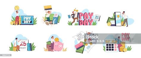 사람들 월급날 급여 행복 이벤트 또는 급여 지급 개념 직원 급여 예산 책정 달력에 지불 날짜 빚 상환 지불인 돈 지불 세금 고급 벡터 일러스트 레이 션 은행 예금 전표에
