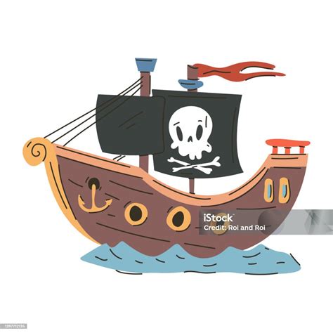 흰색 배경에 고립 된 해적 선박 벡터 만화 일러스트레이션 갤리온선에 대한 스톡 벡터 아트 및 기타 이미지 갤리온선 검은색 기 Istock