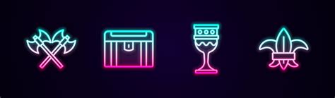 세트 라인은 중세 도끼 골동품 보물 상자 중세 잔과 플뢰르 드 리스 또는 백합 꽃을 교차 빛나는 네온 아이콘 벡터 강철에 대한 스톡 벡터 아트 및 기타 이미지 Istock