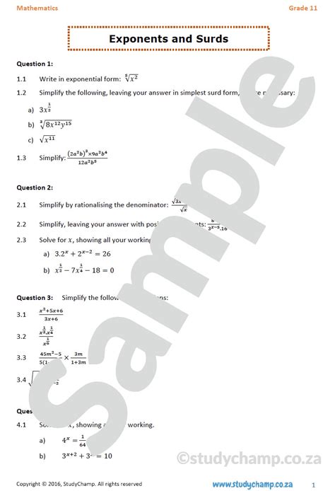 Grade Mathematics Worksheet Exponents And Surds