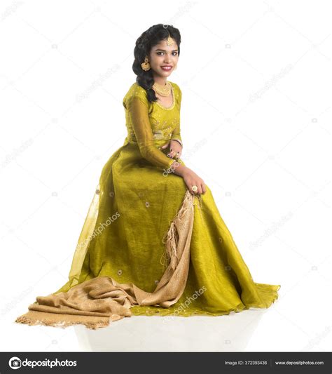 Portrait Beautiful Traditional Indian Girl Posing White Background