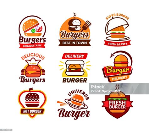 빈티지 햄버거 라벨 레트로 그릴 버거 또는 치즈 버거 라벨 쇠고기 고기가있는 바베큐 밝은 패스트 푸드 엠블럼 세트 카페 또는 레스토랑 기호 요리사 메뉴 벡터 배너 컬렉션