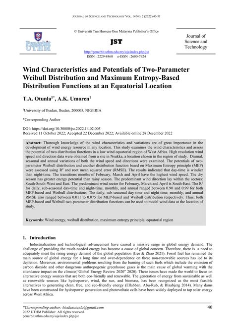 Pdf Wind Characteristics And Potentials Of Two Parameter Weibull Distribution And Maximum