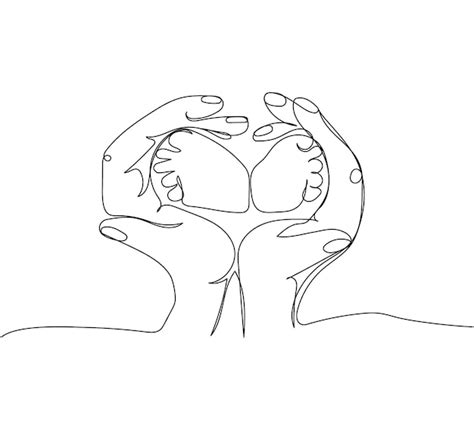 엄마의 손은 신생아의 다리를 잡고 한 줄로 그린 모성 가족의 연속 선 그리기 프리미엄 벡터