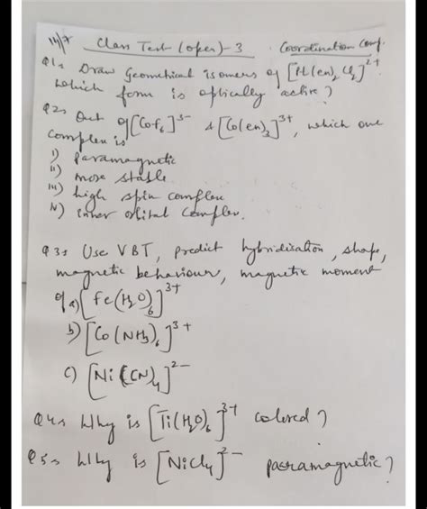 Class Test Coordination Compounds Draw Geometrical Isomers Of [pt En ₂