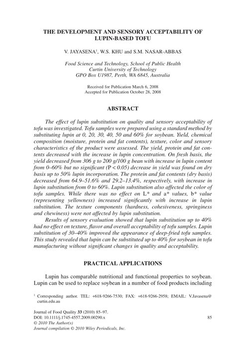 pdf the development and sensory acceptability of lupin based tofu