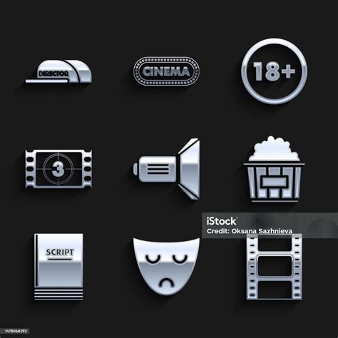 영화 스포트라이트 드라마 연극 마스크 비디오 재생 골판지 상자에 팝콘 시나리오 18세 미만 및 비문 감독 아이콘이 있는 모자를