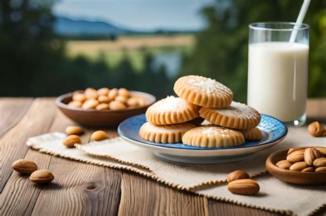 Premium Photo A Plate Of Almond Cookies Next To A Glass Of Milk
