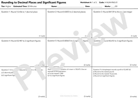 Gcse Maths Worksheet Rounding To Decimal Places And Significant Figures Higher Tier Teaching