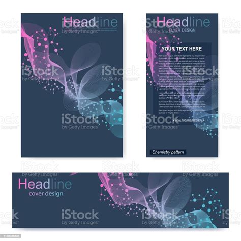 전단지 브로셔 크기 A4 템플릿 배너를 설정 합니다 연결 된 라인과 점이 있는 분자 구조 잡지 전단지 표지 포스터 디자인에 대