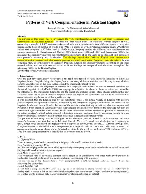 Patterns Of Verb Complementation In Pakistani English Pdf Verb