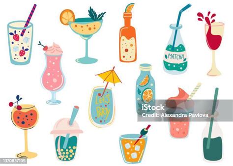 칵테일 세트 레몬 베리 민트 얼음 짚과 다른 여름 신선한 음료 파티 술집 레스토랑 또는 클럽 요소 벡터 만화 손은 흰색 배경에 격리 된 그림을 그립니다 마실 것에 대한 스톡