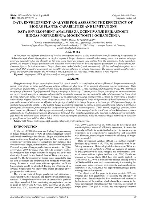 Pdf Data Envelopment Analysis For Assessing The Efficiency Of Biogas Plants Capabilities And
