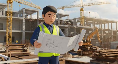 Cartoon Architect Reviewing Construction Blueprint At Building Site Stock Image Image Of Site