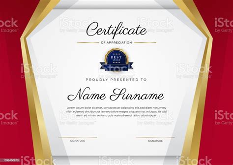 빨간색과 금색의 감사 템플릿 배지 디자인이있는 다목적 인증서 테두리의 고급 인증서 우아한 빨간색과 금색 졸업장 증명서 템플릿 감사장에 대한 스톡 벡터 아트 및 기타 이미지