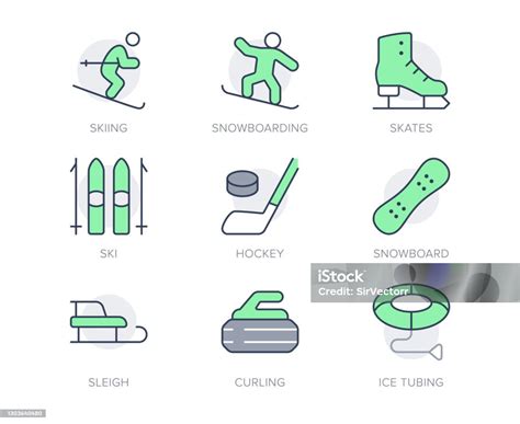 겨울 스포츠 간단한 라인 아이콘 스키어 스케이트 아이스 하키 컬링 스톤 스노우 보드 튜빙 픽토그램 최소한의 아이콘벡터 일러스트레이션 녹색 편집 가능한 스트로크 스포츠에 대한