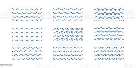 바다 파도 아이콘 세트입니다 가는 선 파도의 집합입니다 다양한 파도 물 호수 강 물 로고 벡터 플랫 스타일의 선 바다 기호 매끄러운 추상 선 패턴입니다 물 개요 기호입니다