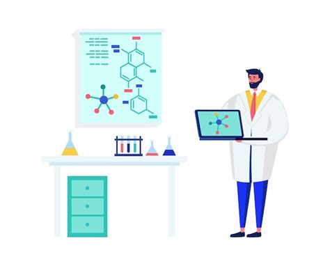 Premium Vector Male Scientist Presenting A Molecular Structure On Laptop In A Lab Researcher