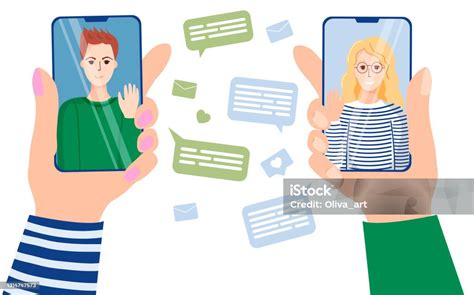 스마트 폰의 화면에 남자와 여자 친구들과 채팅 화상 통화 서로 채팅하는 사람들과 함께 스마트 폰을 들고 손 흰색 배경의 벡터 그림입니다 개념에 대한 스톡 벡터 아트 및 기타