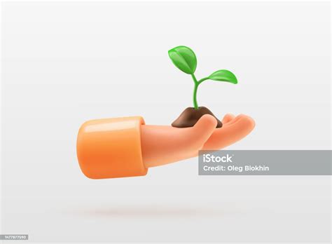 토양 3d 벡터 만화 삽화에서 묘목 식물을 들고 손 보존 및 성장 격리 된 디자인 요소의 생태학의 상징 녹색에 대한 스톡 벡터 아트 및 기타 이미지 Istock