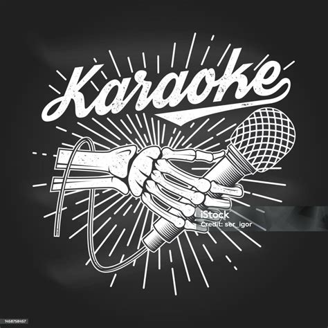 가라오케 파티 포스터 칠판에 배너 해골 손과 복고풍 마이크와 햇살 빈티지 타이포그래피 디자인 티셔츠 엠블럼 로고 배지 디자인 벡터 그림입니다 뼈 손 빈티지 인간의 골격에