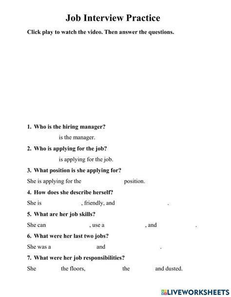 Job Interview Worksheet Worksheet Live Worksheets Worksheets Library