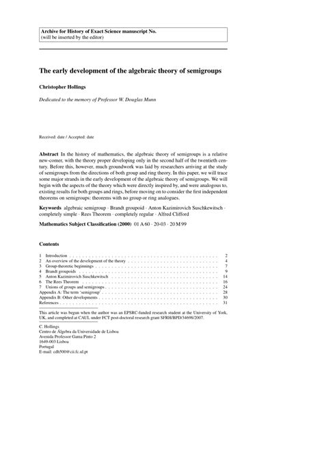 Pdf The Early Development Of The Algebraic Theory Of Semigroups