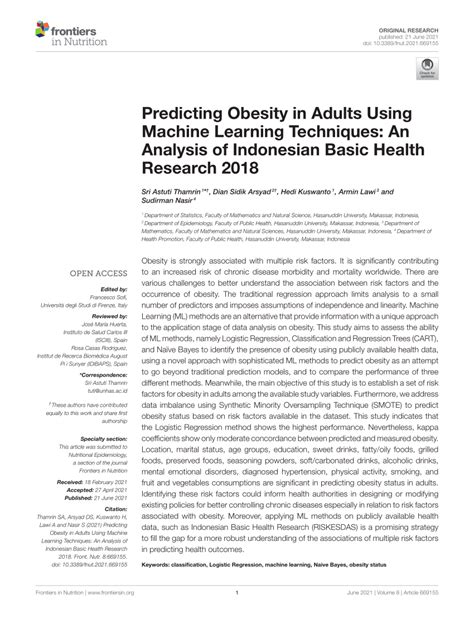 Pdf Predicting Obesity In Adults Using Machine Learning Techniques An Analysis Of Indonesian