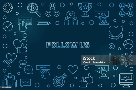 미국 벡터 파란색 윤곽선 수평 프레임 또는 일러스트 레이 션 팔로우 마케팅에 대한 스톡 벡터 아트 및 기타 이미지 마케팅 아이콘 합류 Istock