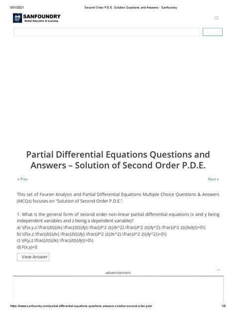 Second Order P D E Solution Questions And Answers Sanfoundry Pdf Partial Differential
