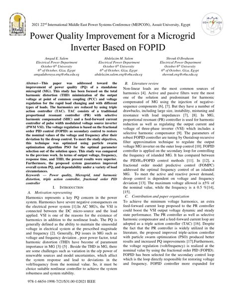 Pdf Power Quality Improvement For A Microgrid Inverter Based On Fopid