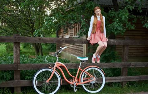 Обои Bicycle Dress Trees Nature Model Women Redhead Cottage на
