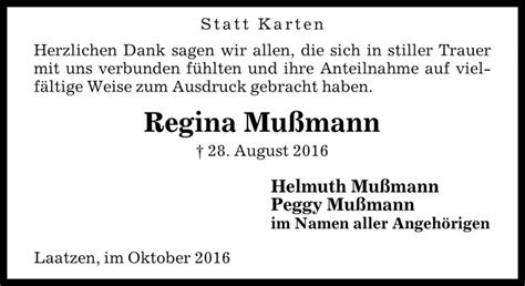 Traueranzeigen Von Regina Mußmann Trauer Anzeigende