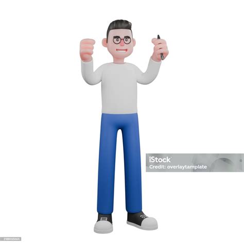 애니메이션 프로젝트를 위한 만화 비디오 편집기 남성 영상 편집자가 왼손에 펜을 들고 오른손을 꽉 쥐고 서 있다 일러스트레이션 3d 디자인 3차원 형태에 대한 스톡 사진 및