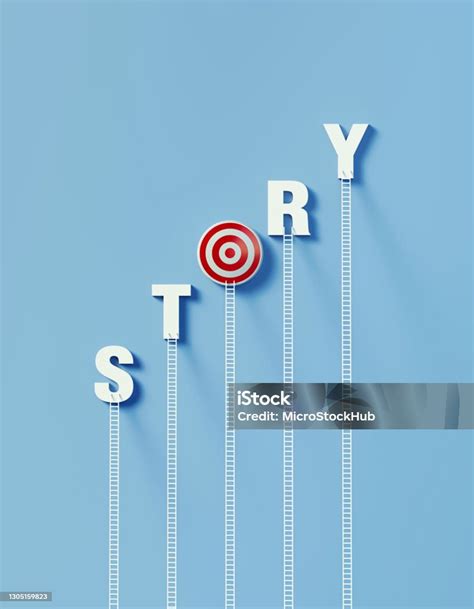 스토리 빌딩 개념 황소의 눈 표적 위에 기대어 있는 흰색 사다리와 블루 월에 스토리 쓰기 이야기하기에 대한 스톡 사진 및 기타 이미지 Istock
