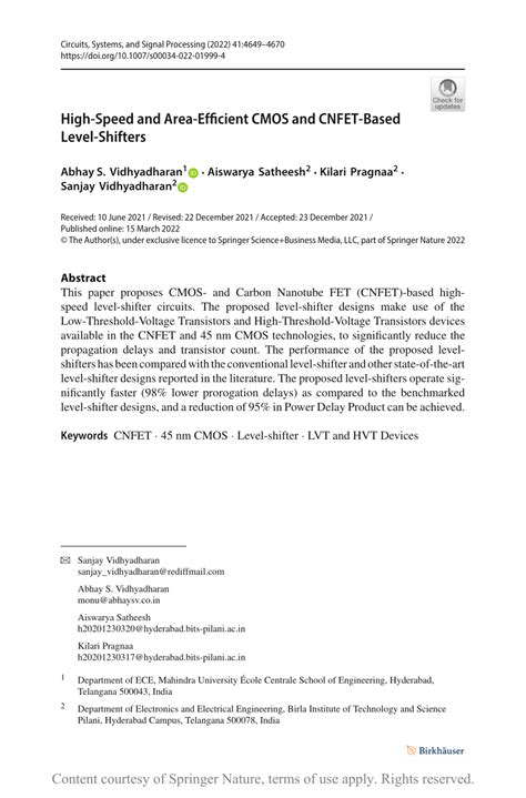 High Speed And Area Efficient Cmos And Cnfet Based Level Shifters