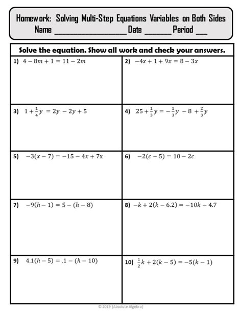 Solving Multi Step Equations Variables On Both Sides Notes Practice