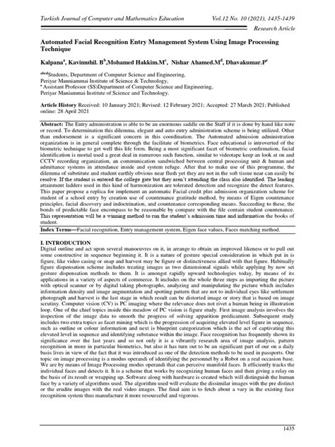Automated Facial Recognition Entry Management System Using Image Processing Technique Pdf