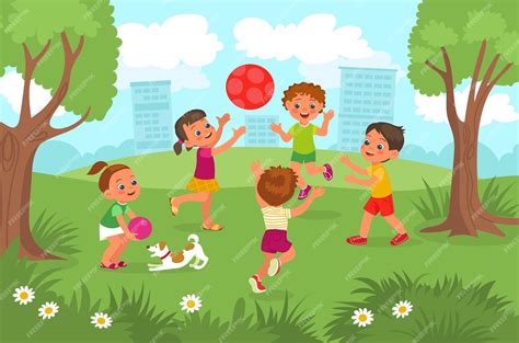 Juegos Infantiles Al Aire Libre Pequeñas Niñas Y Niños Divertidos Lanzando Pelota En El Parque