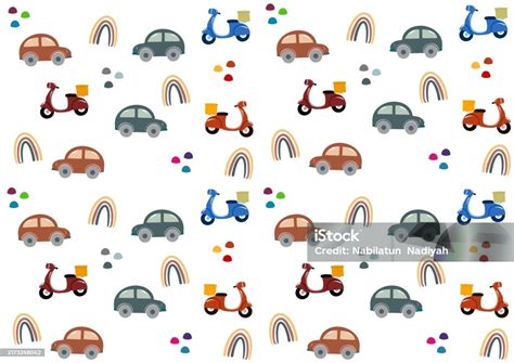 배경 패턴 교통 수단 자동차 자전거 수송 장비 벡터 배경 귀여운 자동차와 오토바이 완벽 한 패턴 유치한 만화 배경 벡터 일러스트 레이 션 0명에 대한 스톡 벡터 아트 및