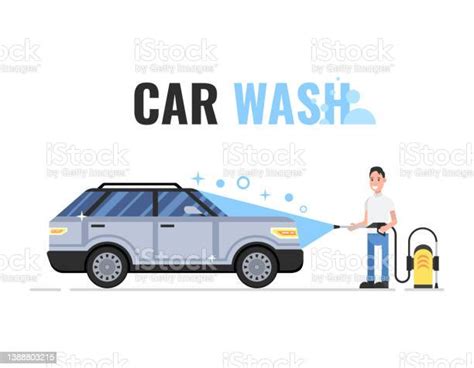 세차 서비스 남자는 비누와 물로 차를 낭비합니다 벡터 그림입니다 만화에 대한 스톡 벡터 아트 및 기타 이미지 만화 물리적