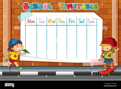 A School Timetable Blank Template With Cartoons Stock Vector Image