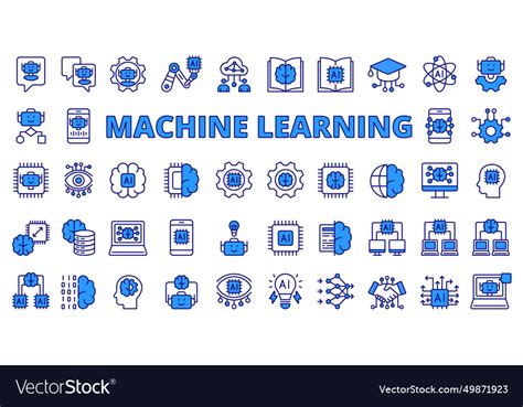 Machine Learning Icons Line Design Blue Royalty Free Vector