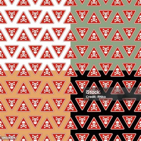 두개골과 십자뼈가있는 빨간색 사인 플레이트가있는 원활한 패턴 세트 직물에 장식 및 인쇄를위한 장식품 디자인 요소 벡터 경계