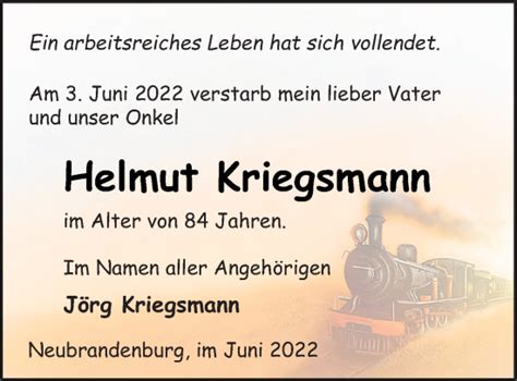 Traueranzeigen Von Helmut Kriegsmann Trauer Nordkurier
